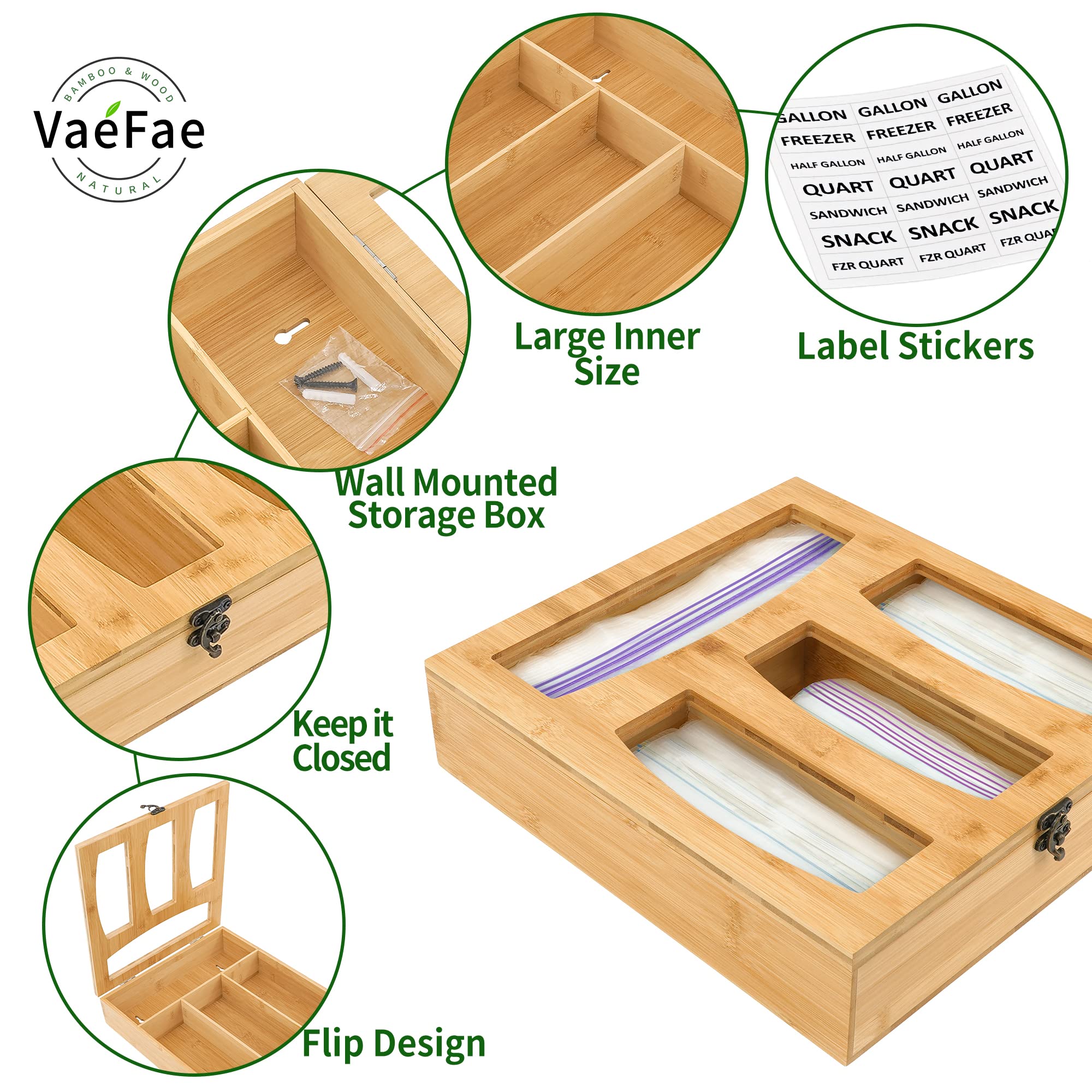 VaeFae Ziplock Bag Storage Organizer- Bamboo Food Bags Container for Kitchen Drawer Compatible for Gallon, Quart, Sandwich, Snack, and Slider Bag