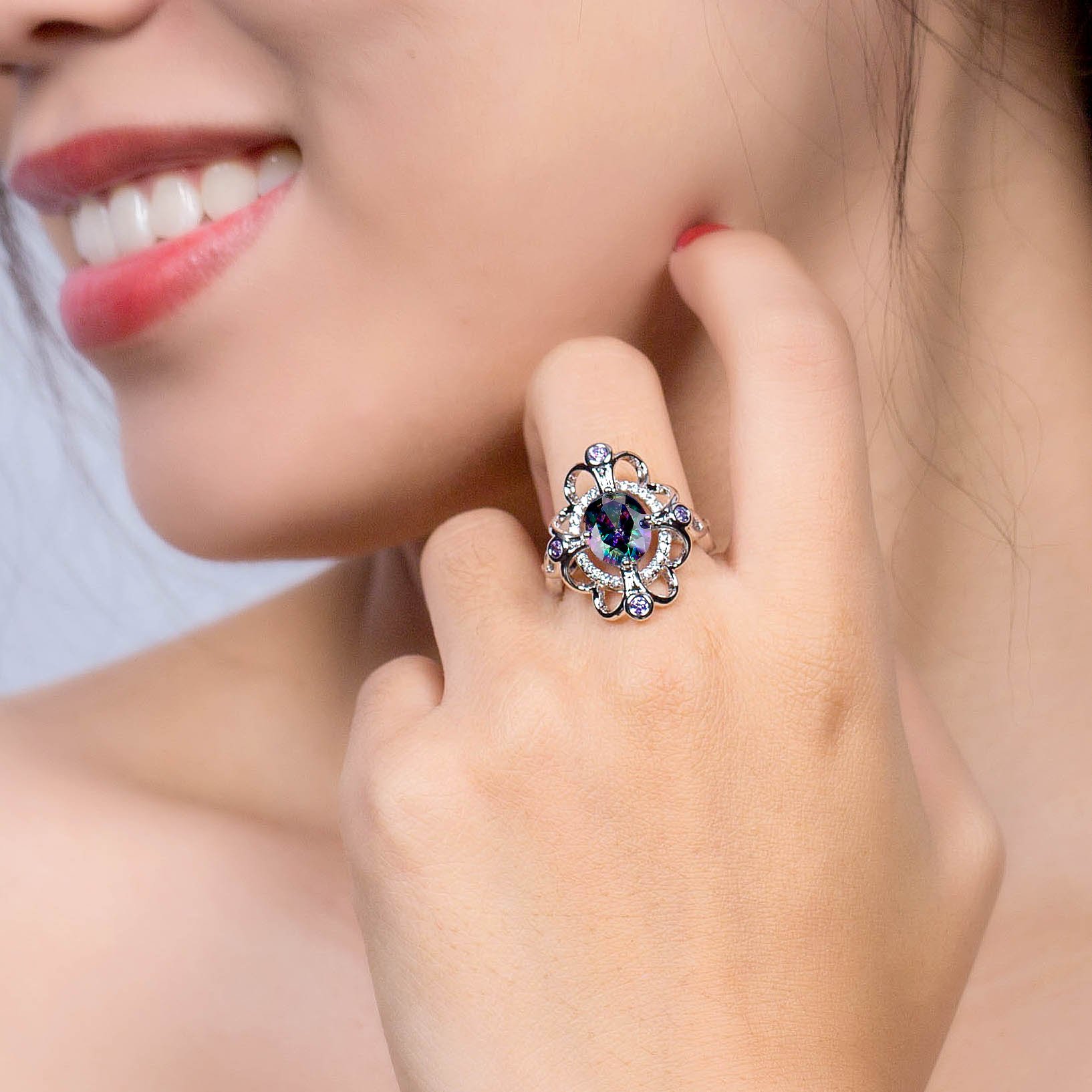 Psiroy 925 Sterling Silver Created Blue Topaz Filled Art Deco Statement Ring for Women Size 13