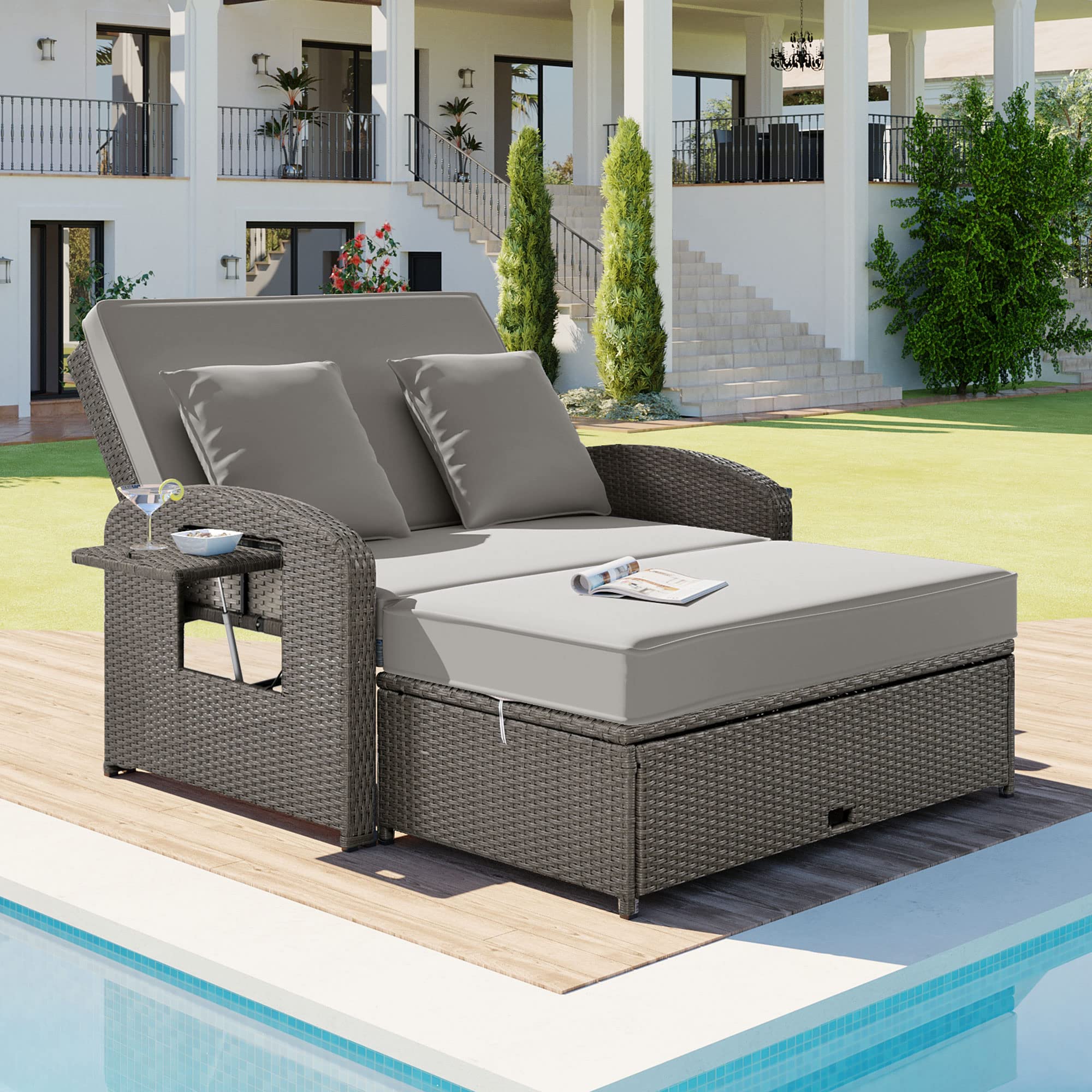 PE Wicker Rattan Double Chaise Lounge with Cushions & Pillows, 2-Person Reclining Sunbed with 3-Height Adjustable Back for Patio Balcony, Free Furniture Protection Cover (Gray + Rattan + Foam)
