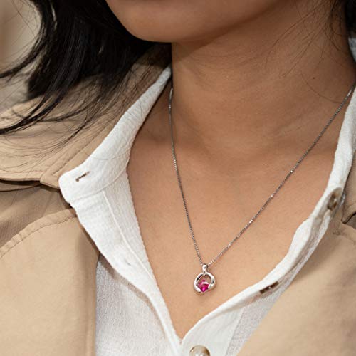 PEORA Created Ruby Pendant Necklace for Women Sterling Silver, Floating Orbit Solitaire, 1.25 Carats Cushion Cut 6mm, with 18 inch Italian Chain