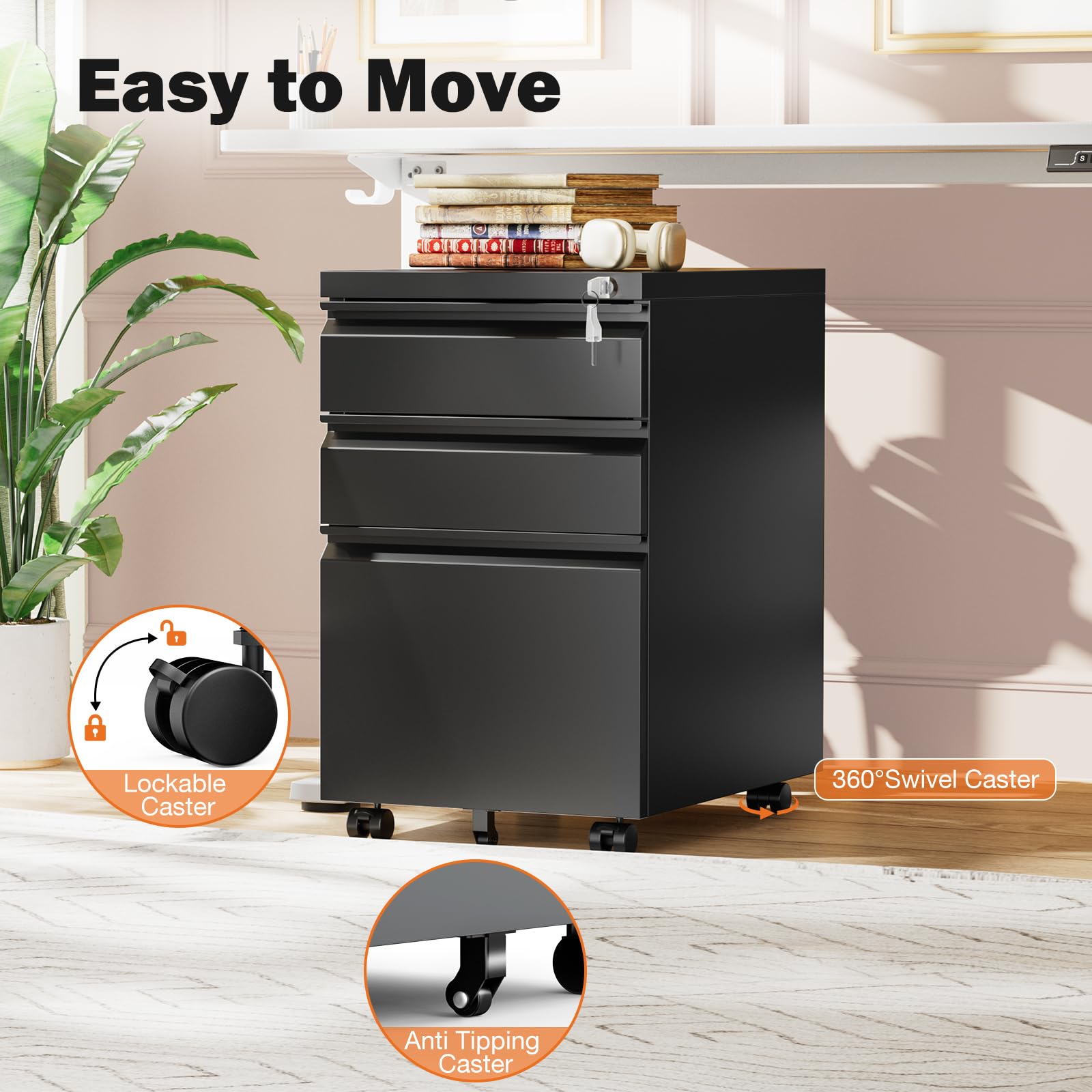 Sweetcrispy File Cabinet - 3 Drawer Locking Metal Mobile Rolling Filing Cabinet, Wheels & Pre-Assembled Under Desk Storage A4/Letter/Legal Home Office Small File Cabinet - Black