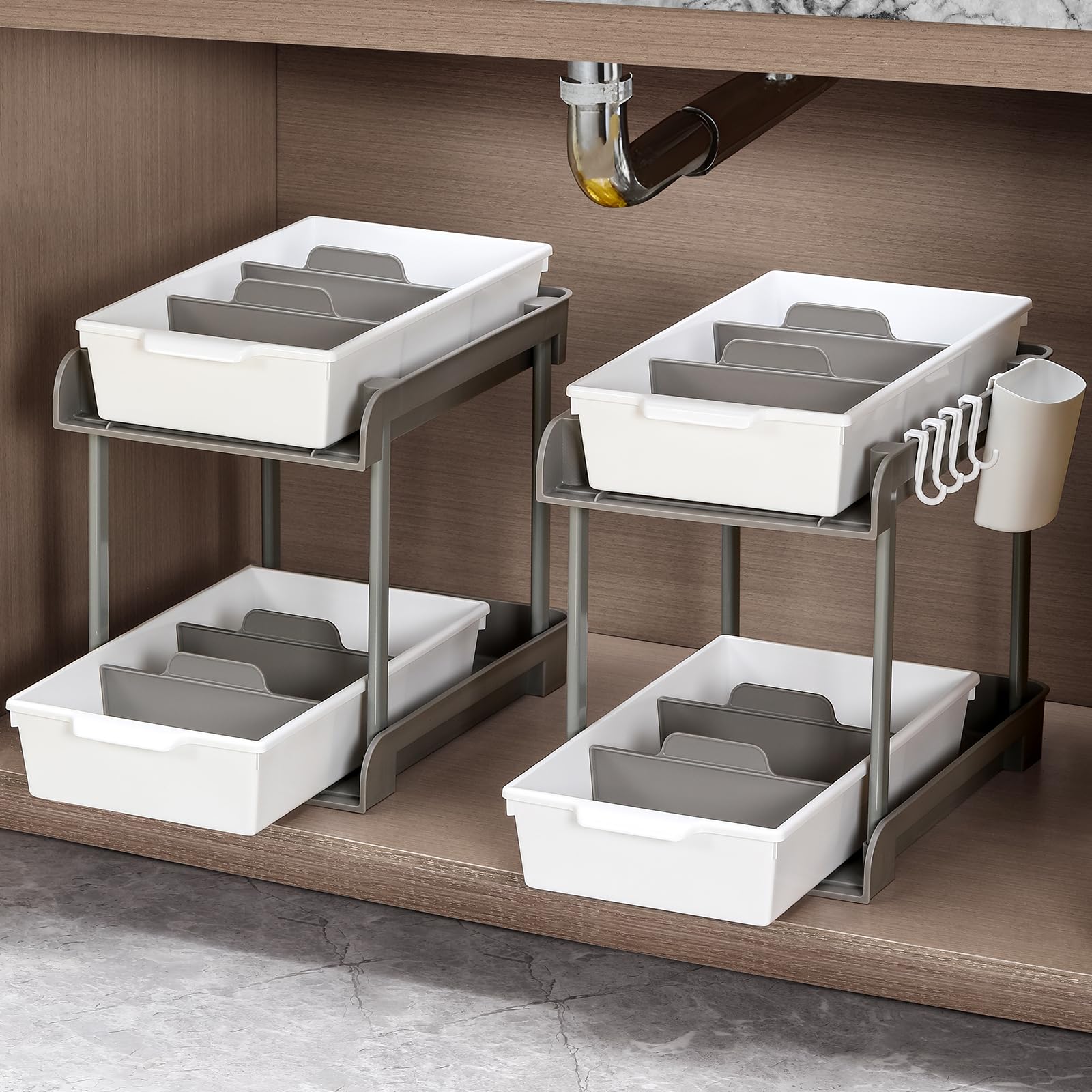 Set of 4, 10 Inch Non-Skid Lazy Susan Organizers & 2 Set, 2 Tier Pull-Out Under Sink Organizer and Storage with Dividers