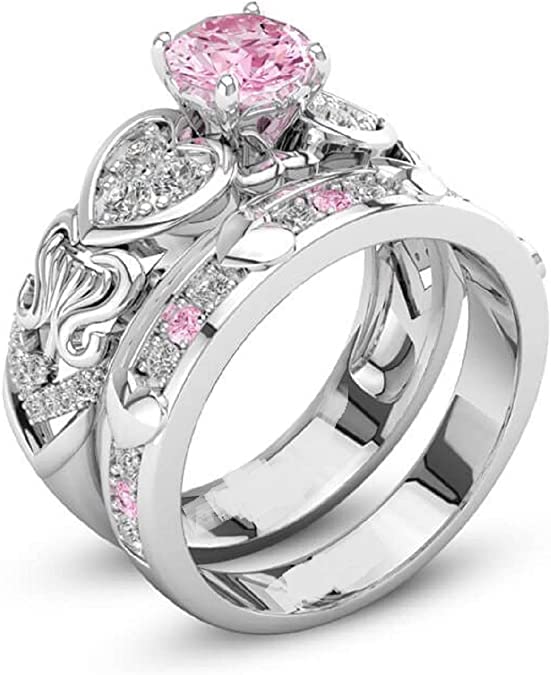 VRUSHA JEWELS 3Ct Round Cut Pink Sapphire & Diamond Flower Inspired Wedding Bridal Ring Set 14k White Gold Over (8)