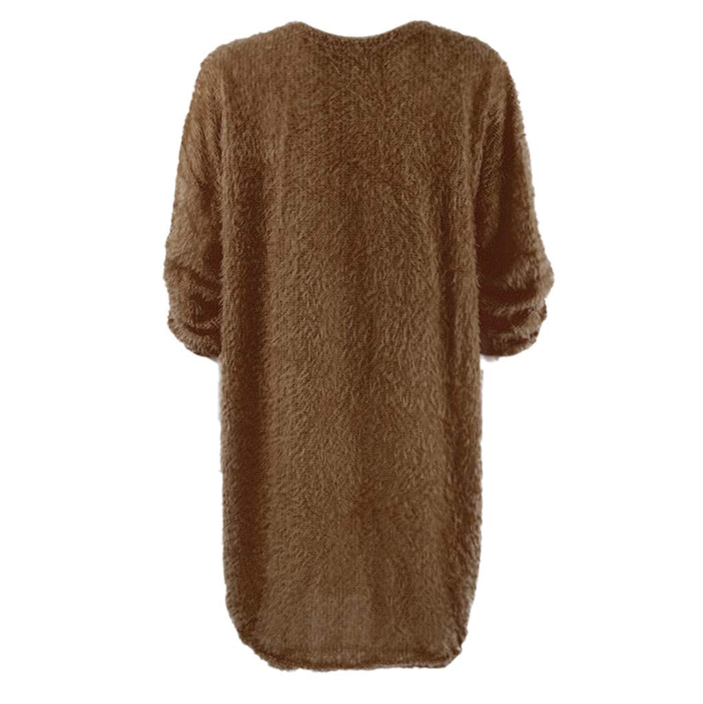 Women Plush Sweater Dress Solid Round Neck Long Sleeve Shift Loose Sweatshirt Dress Outerwear Brown