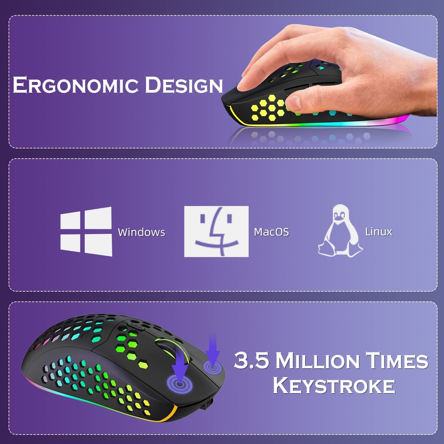 UHURU Lightweight Wireless Gaming Mouse, WM-08 Rechargeable Computer Mouse with Honeycomb Shell, 11 Led Light Modes, 4 Adjustable DPI, 2.4GHz Wireless RGB Mouse
