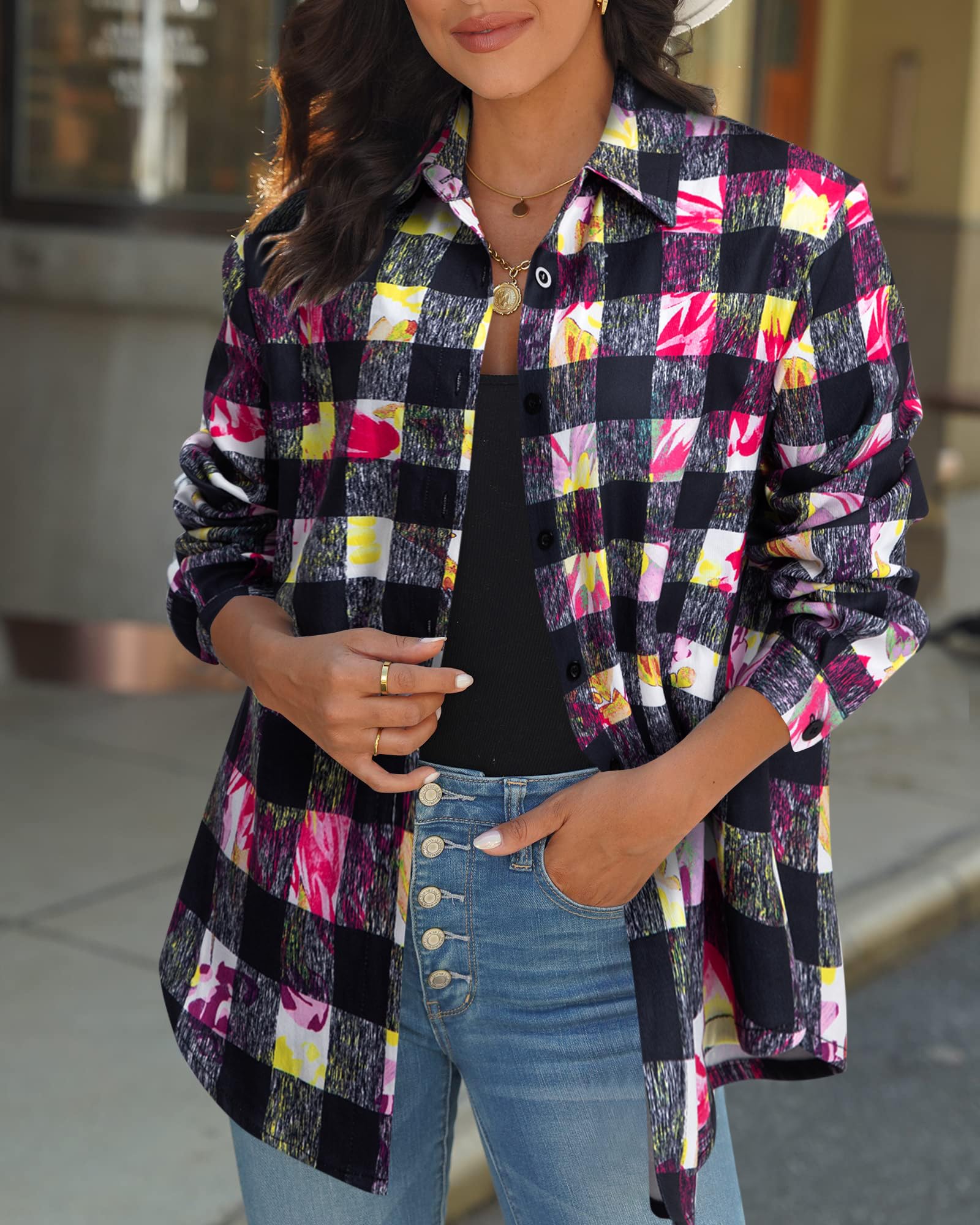 Plaid Jackets for Women Flannel Colorful Plaid Shirt Fall Button Down Blouses Patchwork Casual Long Sleeve Shirts