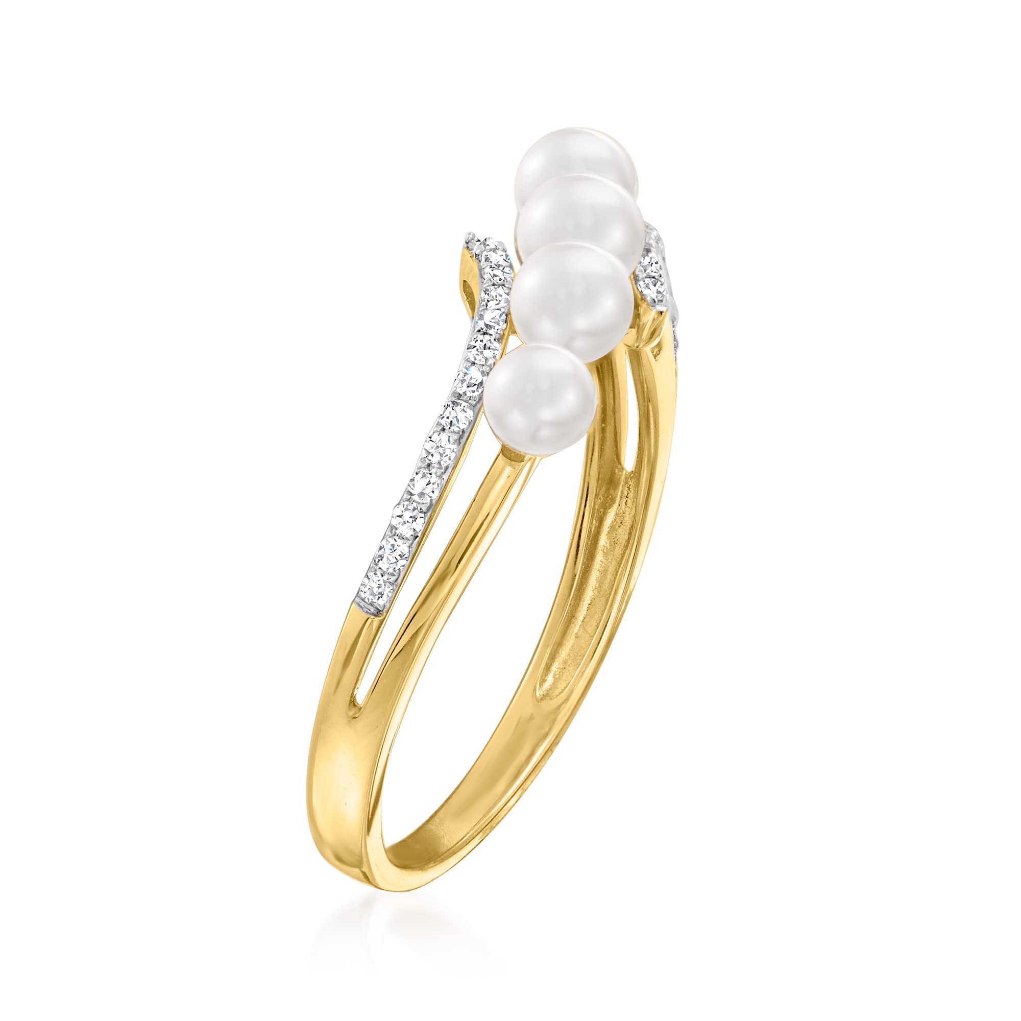 Ross-Simons 3-4mm Cultured Pearl and .10 ct. t.w. Diamond Wave Ring in 14kt Yellow Gold. Size 8