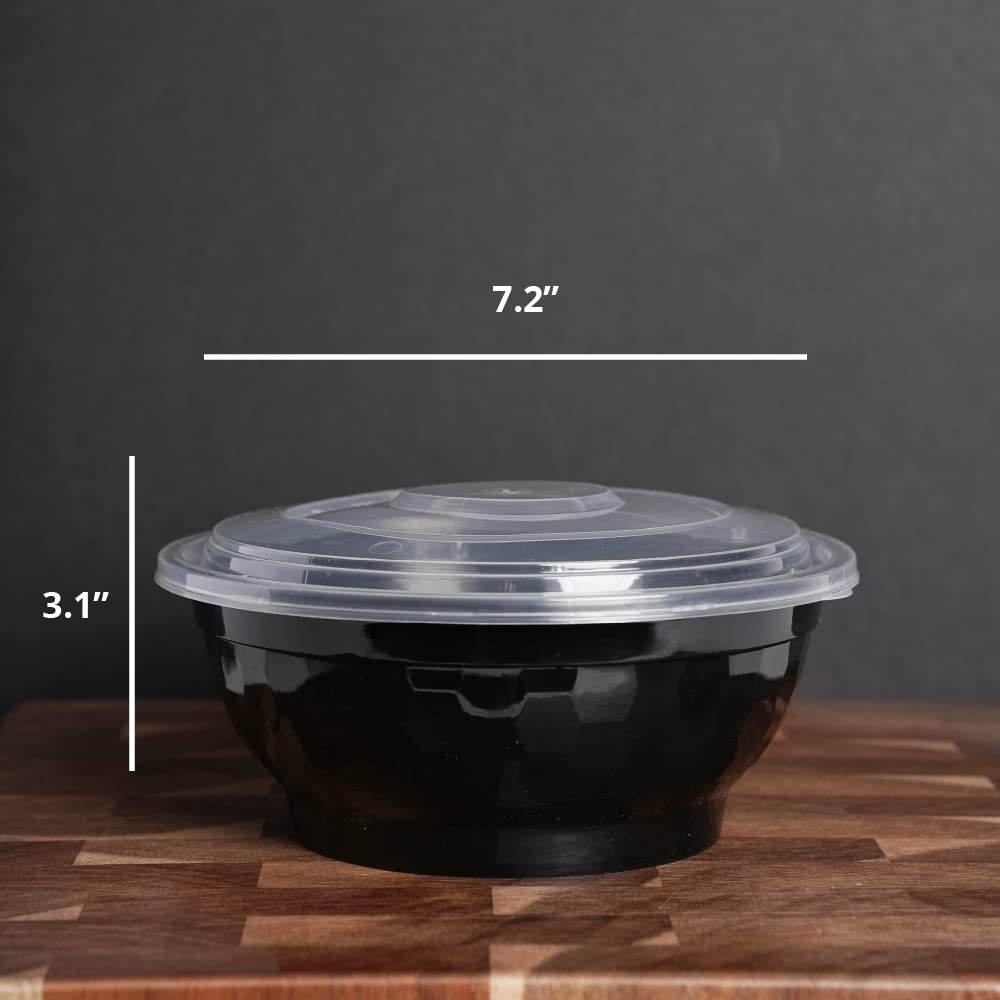 TIYA Food Takeout Bowls - Black Plastic Storage To-Go Containers - Reusable Microwavable Dishwasher Safe Restaurant Bowls - Leak Resistant for Soups & Meal Prep (42 oz Bulk 120 Pack with Clear Lids)