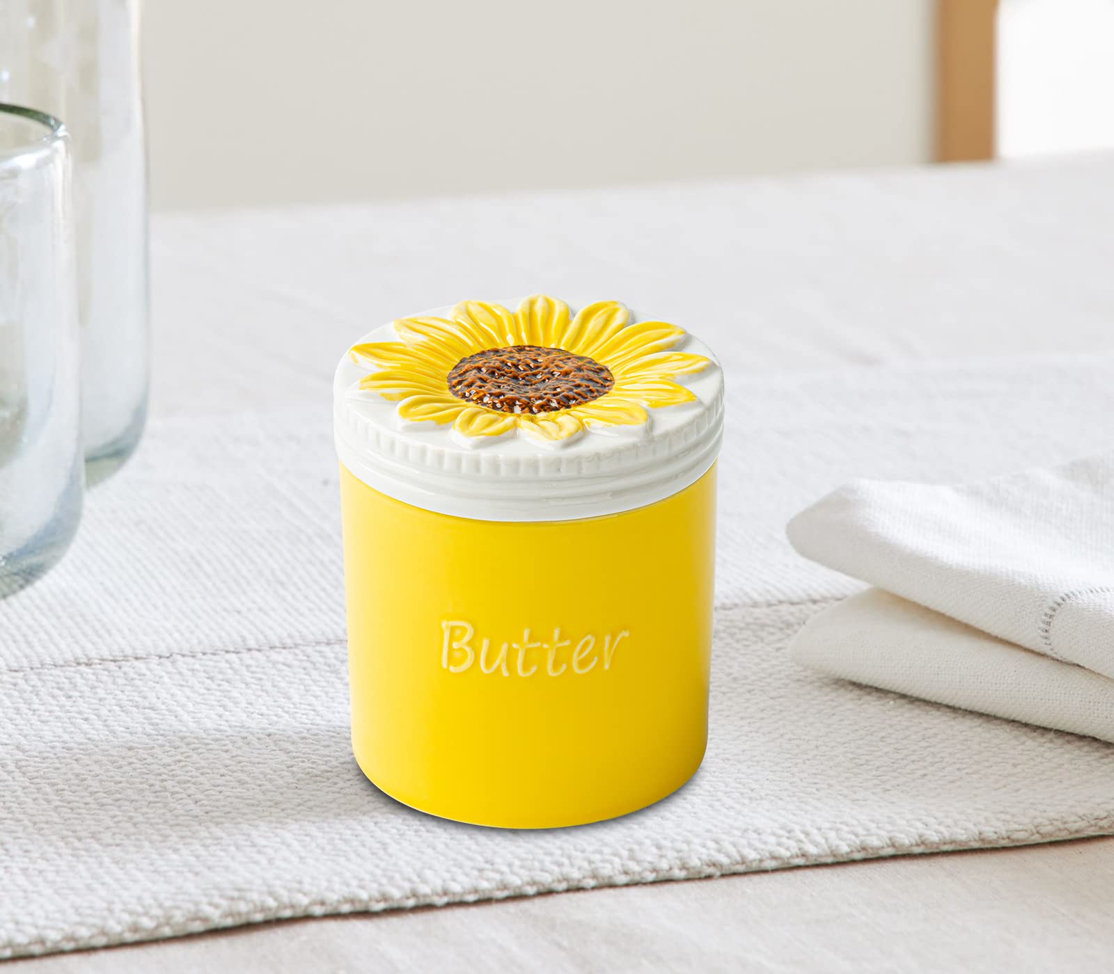 Sunflower Butter Crock Butter Keeper French Butter Dish Ceramic Cup Butter Holder With Water Line Non-Slip Design