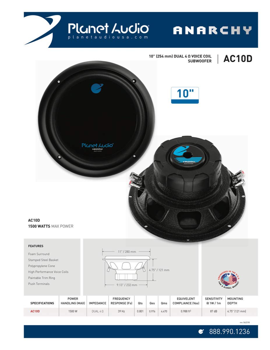Planet Audio AC10D Anarchy Series 10 Inch Car Subwoofer - 1500 Watts Max, Dual 4 Ohm Voice Coil, Sold Individually, for Truck, Boxes, Enclosures, Use with Amplifier