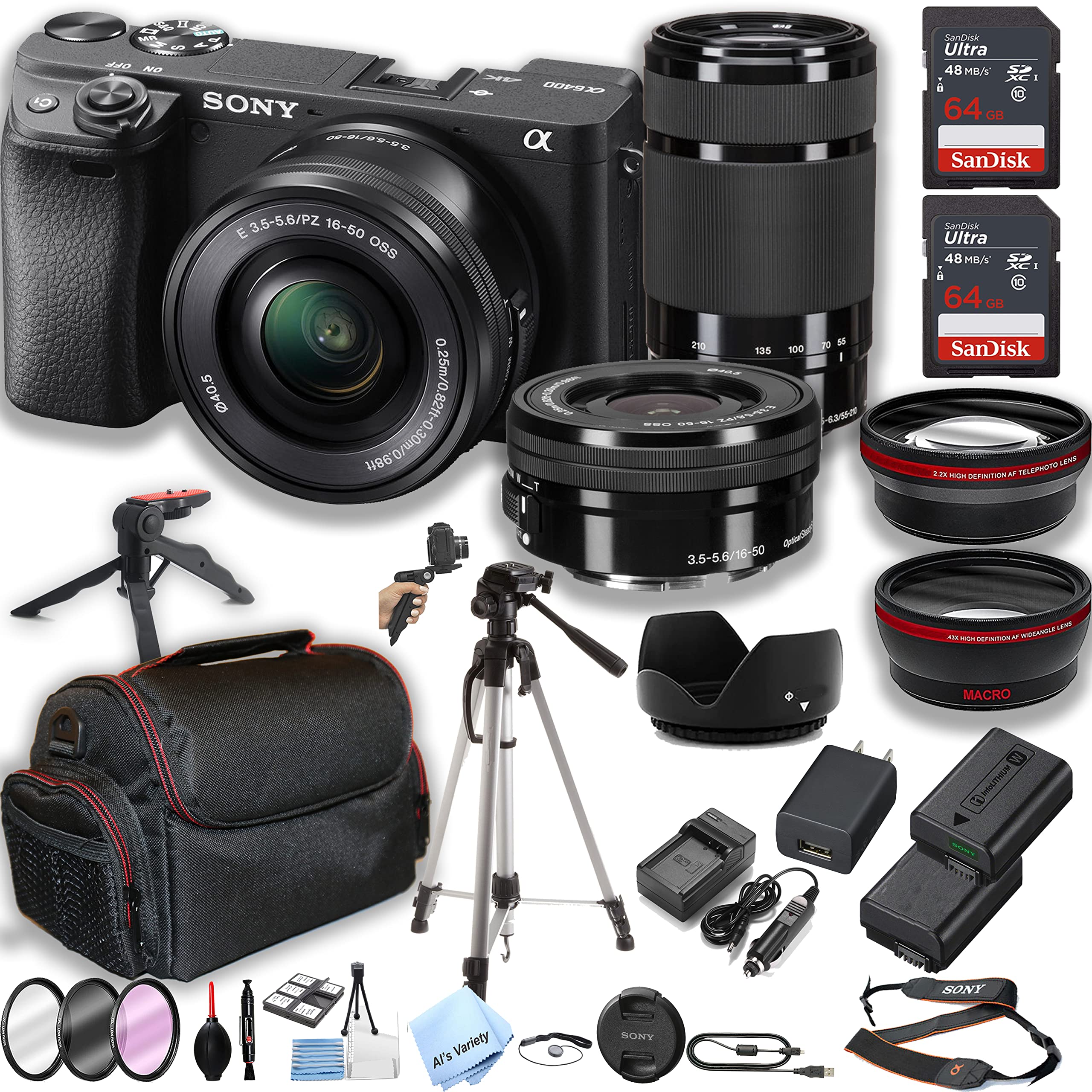 Sony a6400 Mirrorless Camera with16-50mm & 55-210mm Zoom Lenses + 2pcs 64GB Memory + Case+ Tripod + Steady Grip Pod + Filters + Macro + 2X Lens + 2X Batteries + More (38pc Bundle)