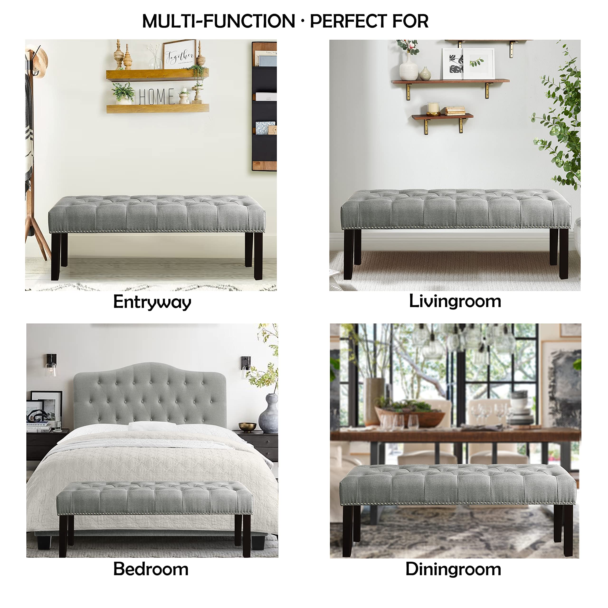 Rosevera Almaraz Linen Upholstered Bench with Silver Nailhead and Button Tufting for Bedroom and Living Room, Small, Gray
