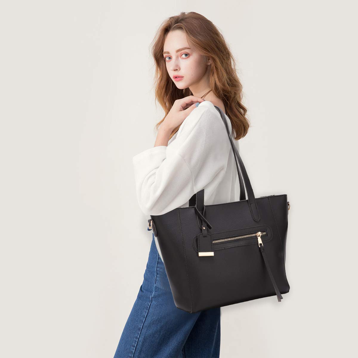 PU Leather Purses and Handbags Work Zip Tote Bag Large-Capacity Shoulder Bag Satchel for Women (893-black)