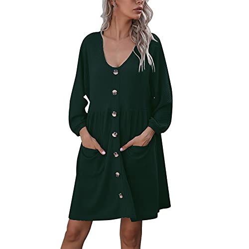 Waffle Swing Dress for Women Deep V Neck Long Sleeve Ruched Dress Solid Color Button Pockets Loose Dress