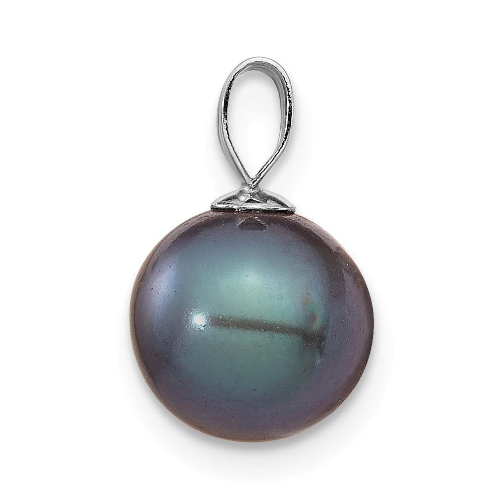 Solid 14K White Gold 8-9mm Black Round Freshwater Cultured Pearl Pendant Charm