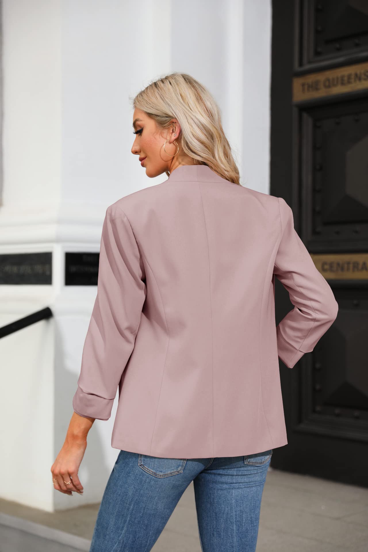 Ofenbuy Womens Casual Blazer Ruched 3/4 Sleeve Open Front Relax Fit Office Lightweight Cardigan Jacket Blazers (Medium, Pink)