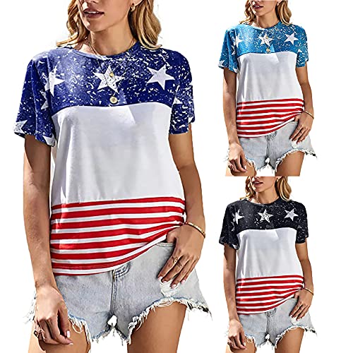 wodceeke Women's short-sleeved round neck T-shirt American flag stitching printed Tee casual loose Independence Day tops (Dark Blue,XL)