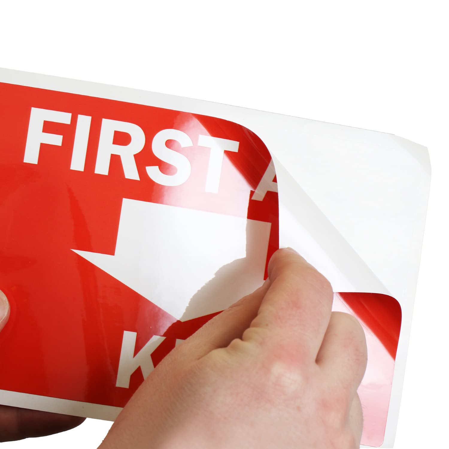 SmartSign (Pack of 4) 5 x7 inch “First Aid Kit” Sticker Labels with Down Arrow, 5 mil Laminated Polyester with SuperStick Adhesive, Red and White