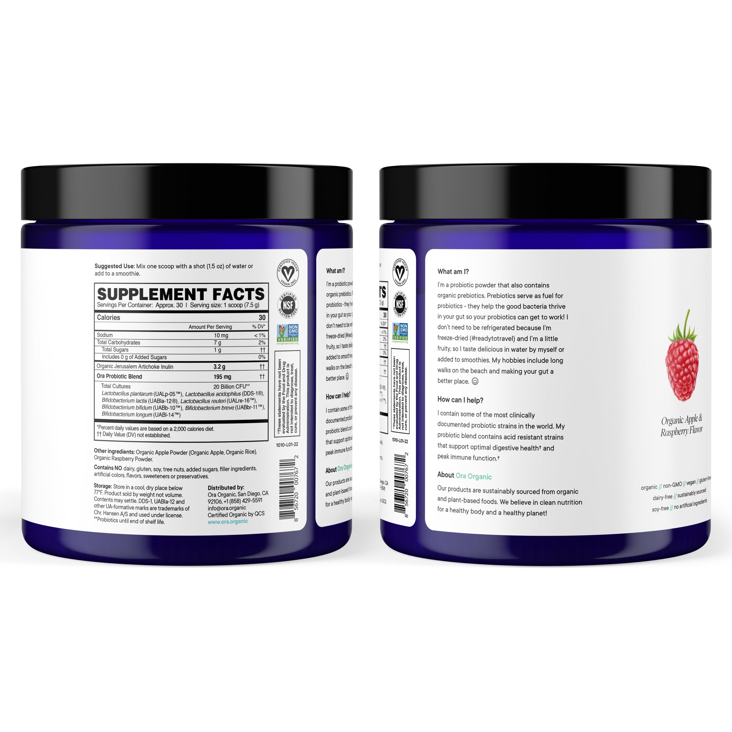 Ora Organic Prebiotic and Probiotic Powder Supplement - 20 Billion Probiotics, 7 Strains for Best Prebiotic Powder, Non-GMO, Probiotics for Women, Men & Kids - Apple Raspberry Flavor, 30 Servingsā¦
