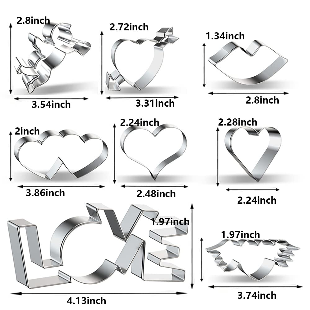 Valentine's Day Heart Cookie Cutter Set, 8 Piece Stainless Heart Shaped Cookie Cutter Biscuit Molds Cookie Cutters for Baking Heart, Lips, Heart with Arrow, Double Heart, Love, Cupid, Heart wings