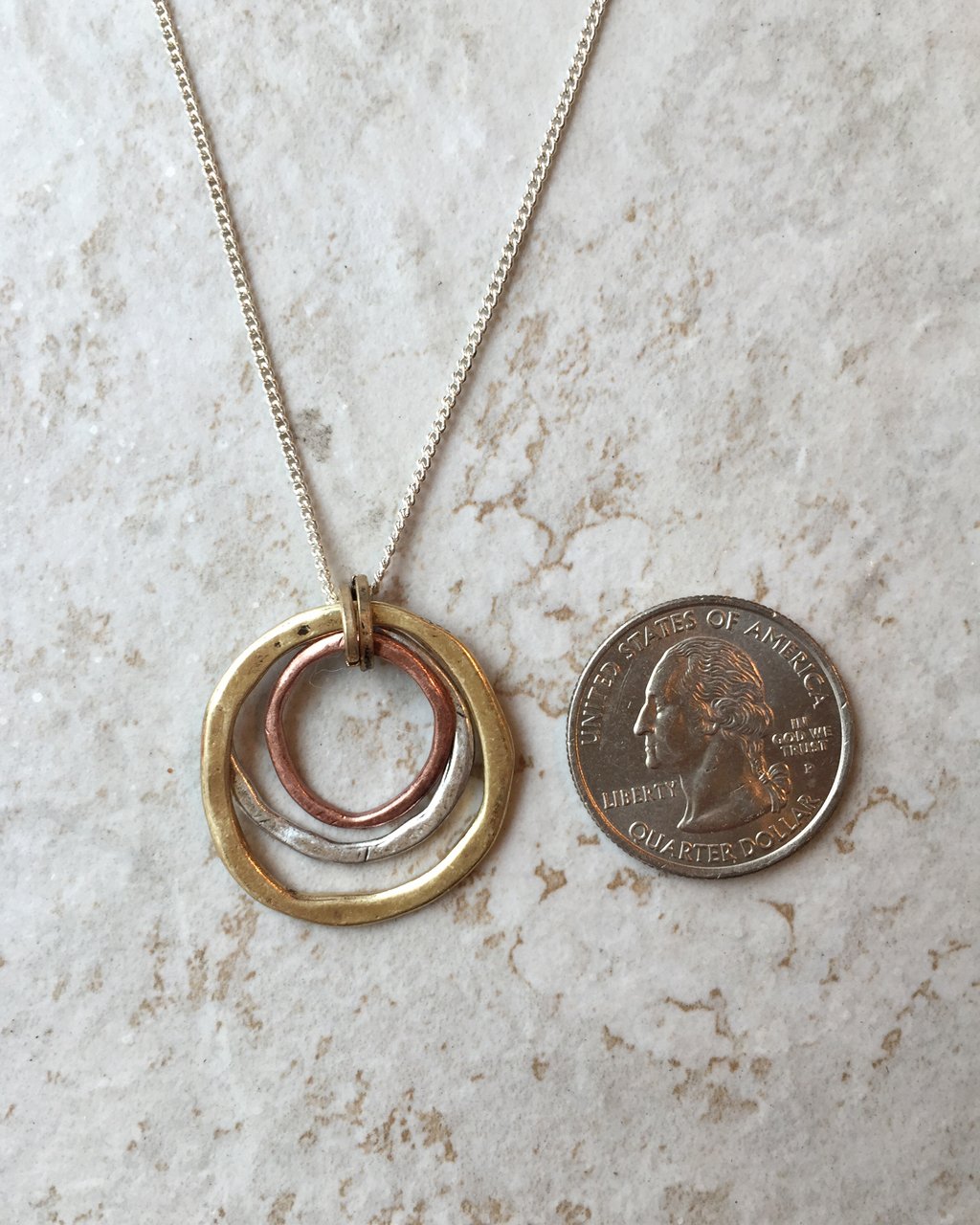 Of Earth and Ocean HANDMADE Sunrise Pendant Necklace, Triple Circles in Tri-Tone Copper, Brass, and Silver