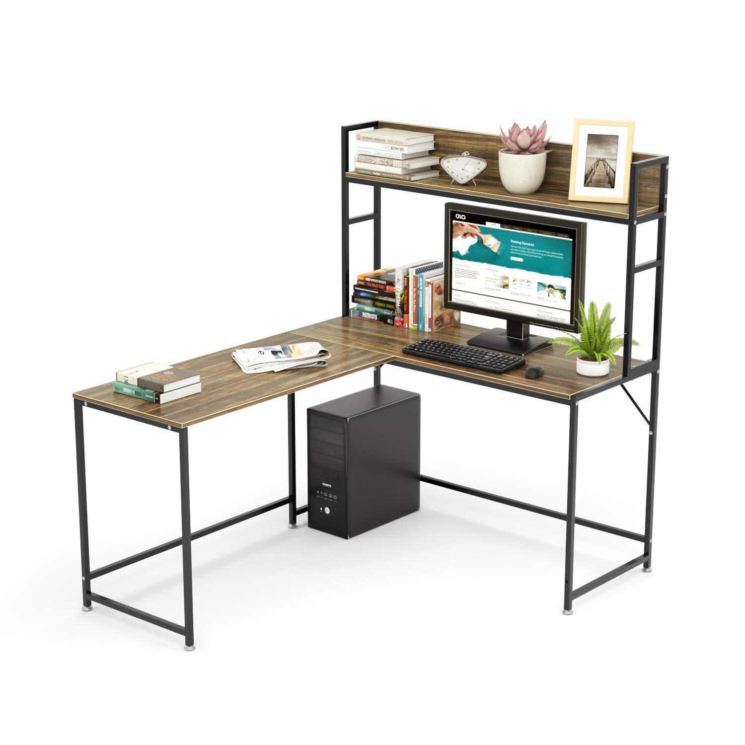 SEISSO Modern L-Shaped Corner Computer Desk with Hutch, 59 inch Wooden Writing Gaming Table Workstation PC Laptop Table with Storage Shelves for Home Office Study Living Room Bedroom