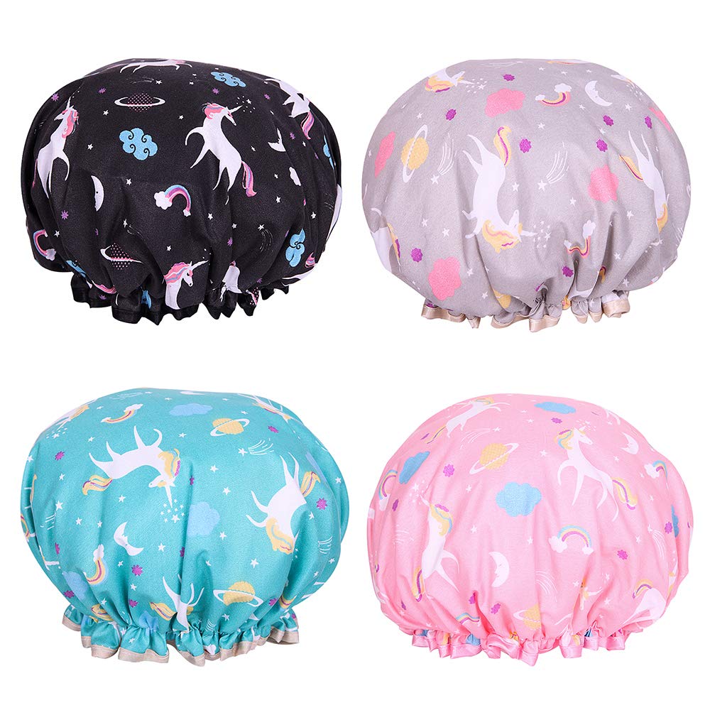 Shower Cap Microfiber Bath Cap - Shower Bonnet Designed for Women and Girls Waterproof Caps Reusable Double Layer Bath Accessories (4 Pack)