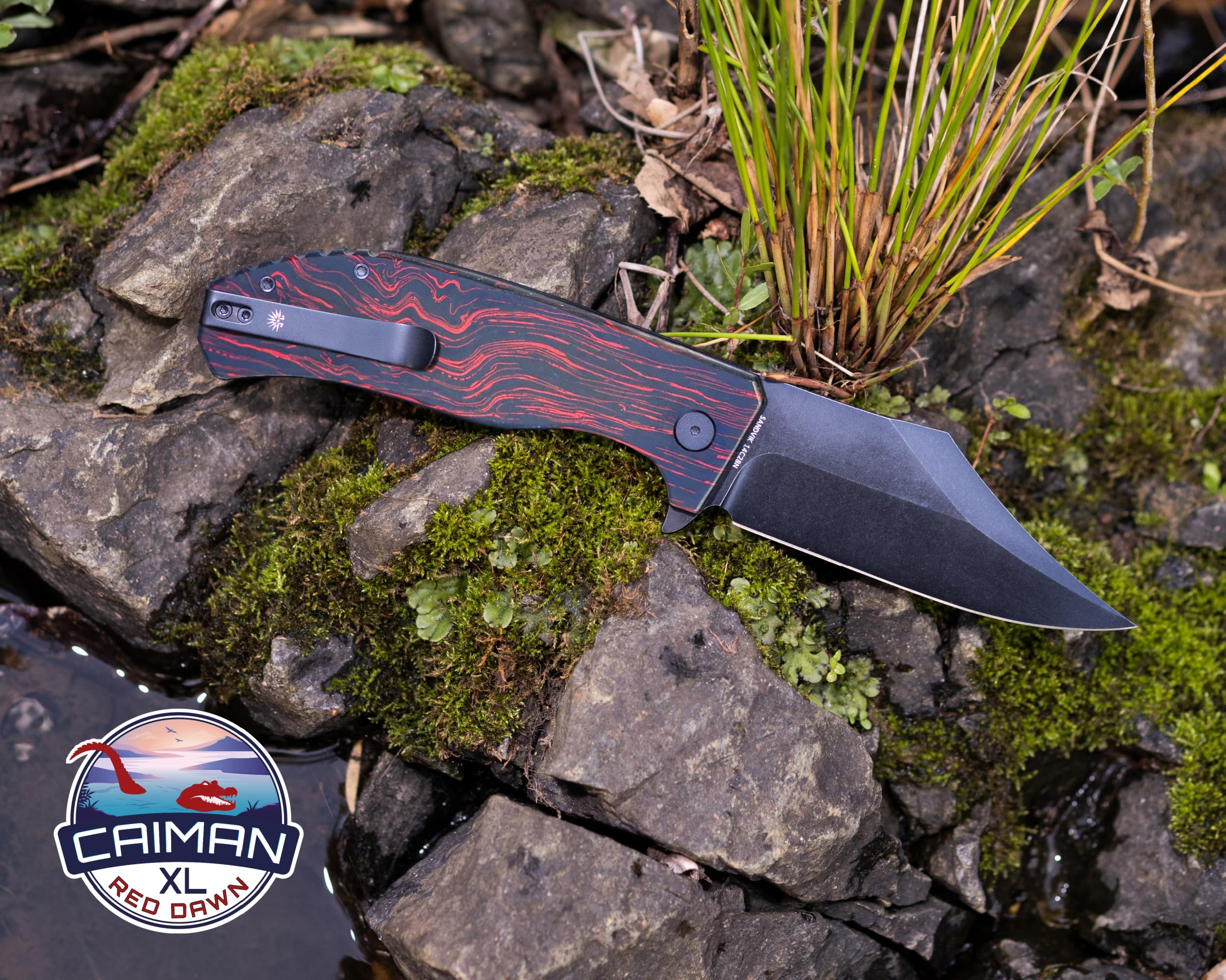 Off-Grid Knives - Caiman XL Red Dawn Edition, Folding Knife with Large Bowie Blade, Sandvik 14C28N Steel, Red & Black G10 Scales, Deep Carry Clip, Left & Right Carry