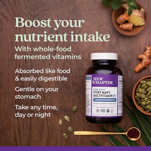 New Chapter Men's Multivitamin 50 plus for Brain, Heart, Digestive, Prostate & Immune Support with 20+ Nutrients + Astaxanthin - Every Man's One Daily 55+, Gentle on The Stomach - 72 ct