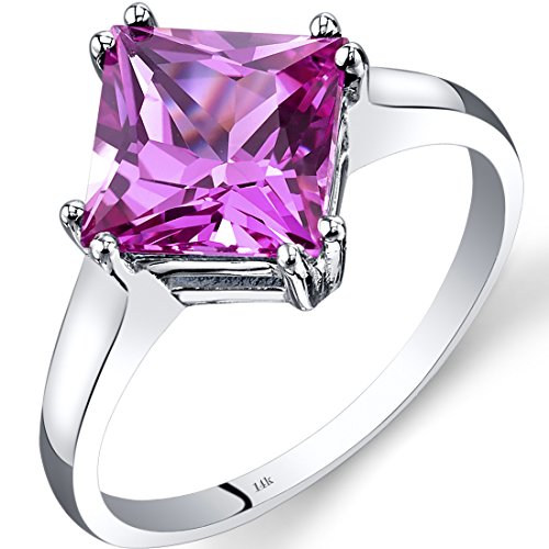 PEORA 14K White Gold 3.25 Carats Created Pink Sapphire Solitaire Ring, AAA Grade Princess Cut