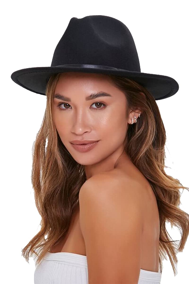 Womens Vintage Wide-Brim Fedora-Hat with Belt-Buckle Panama Hat for Women (Black 1pc, M:56-58cm/22.4-23.2inch)