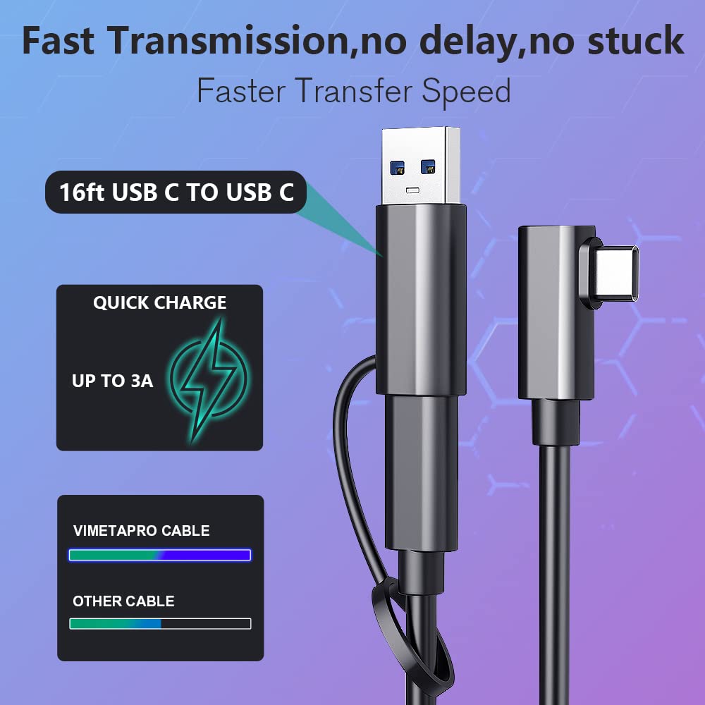 Vimetapro Link Cable 16FT Compatible for Oculus Quest 2/1,USB 3.2 Gen1 5Gbps VR Headset Accessories,High Speed Data Transfer,USB C to USB C Charging Cord for Quest 2 and USB C Port Gaming PC