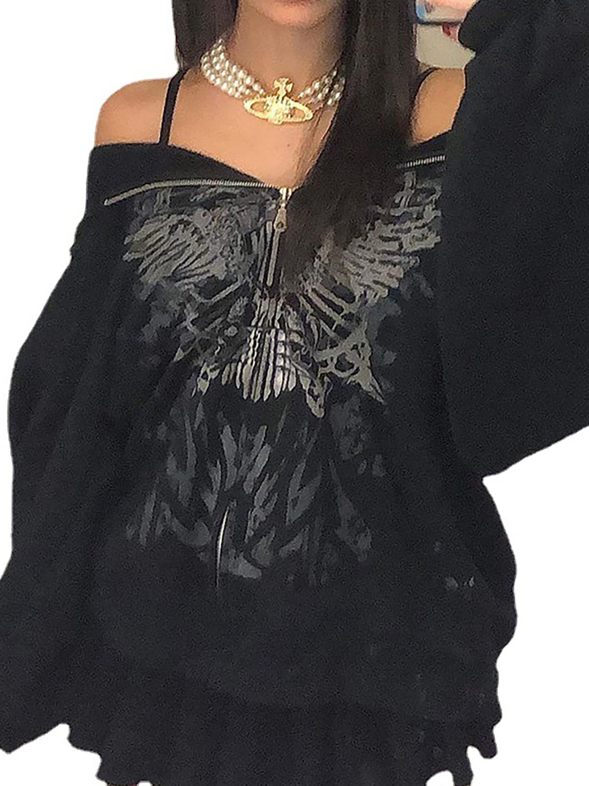 Womens Y2K Fairy Grunge Zip Up Hoodie Oversized Goth Jacket Sweatshirt With Pockets E-Girl 90s Aesthetic Gothic (A2-Black, Small)