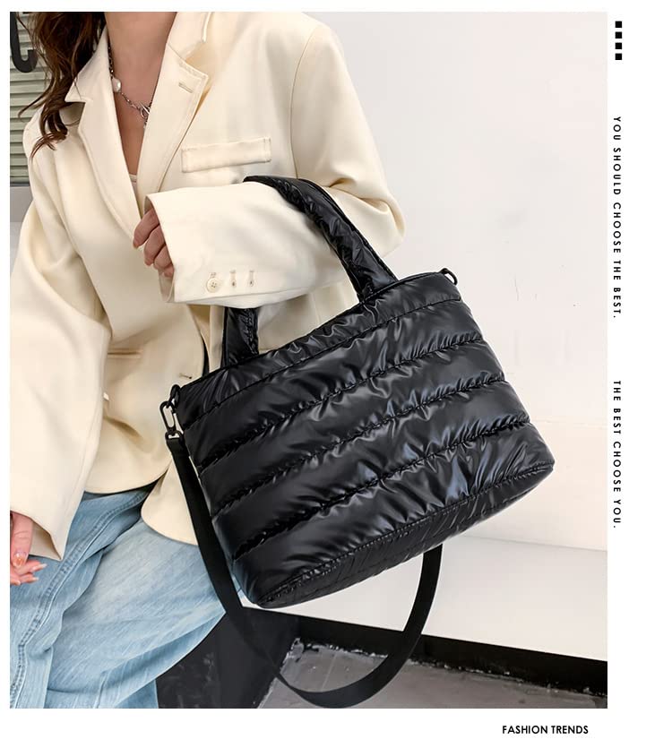 UMRFNO Puffer Tote Bag, Quilted Tote Bag for Women Luxury Shoulder Bag Down Winter Handbag Top Handle Bag Pillow Bag (Black)
