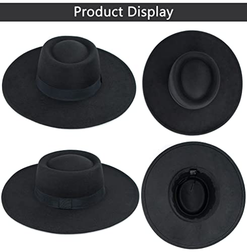 Women Men Classic Felt Fedora Hat Wide Brim Flat Top Boater Hat