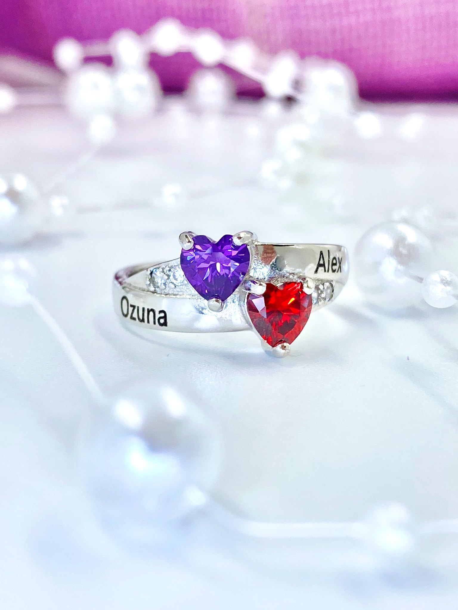PaulaMax Jewelry Promise Rings for Her β Custom Engraved Birthstone Ring for Women in Sterling Silver or White Gold β Personalized 2 Heart Birthstones, Sizes 5-12