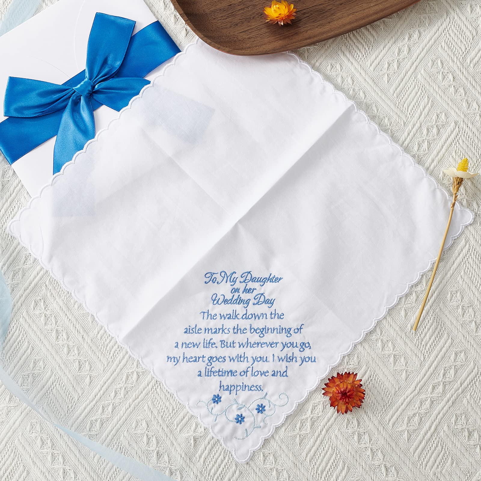 Wedding Handkerchief to My Daughter on Her Wedding Day Something Blue Bride Gift Embroidered Handkerchief (Style A)