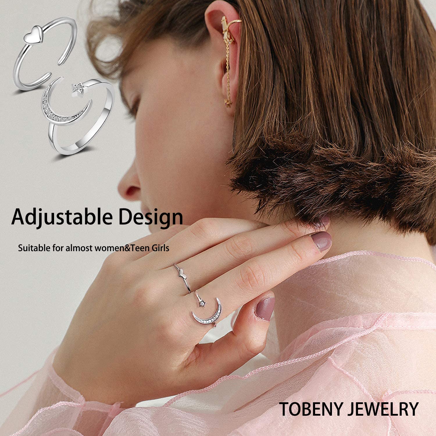 TOBENY 16PCS Adjustable Rings for Women 14K Silver Gold Plated Knuckle Stackable Rings Butterfly Arrow Knot Wave Rings Thumb Midi Finger Rings