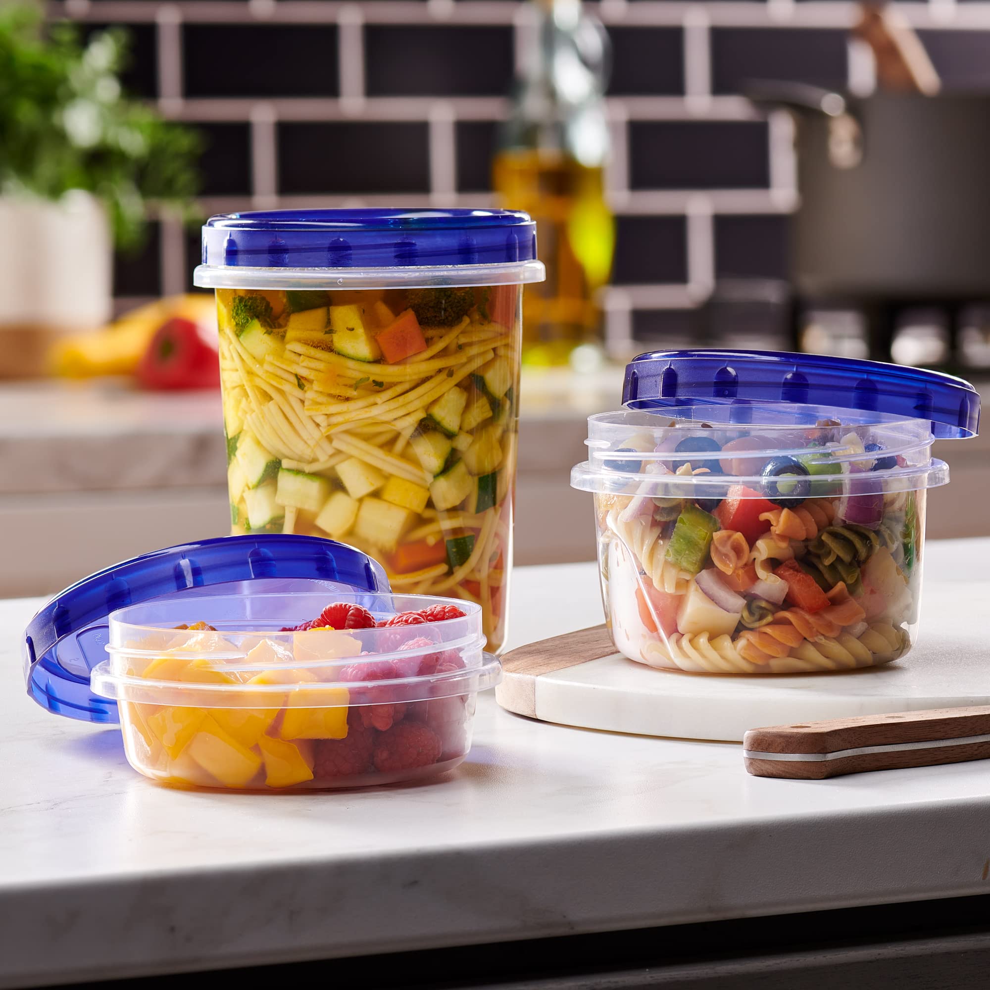 PLASTICPRO 6 Pack Twist Cap Food Storage Containers with Blue Screw on Lid- 32 oz Reusable Meal Prep Containers - Freezer and Microwave Safe Blue Plastic Food Storage