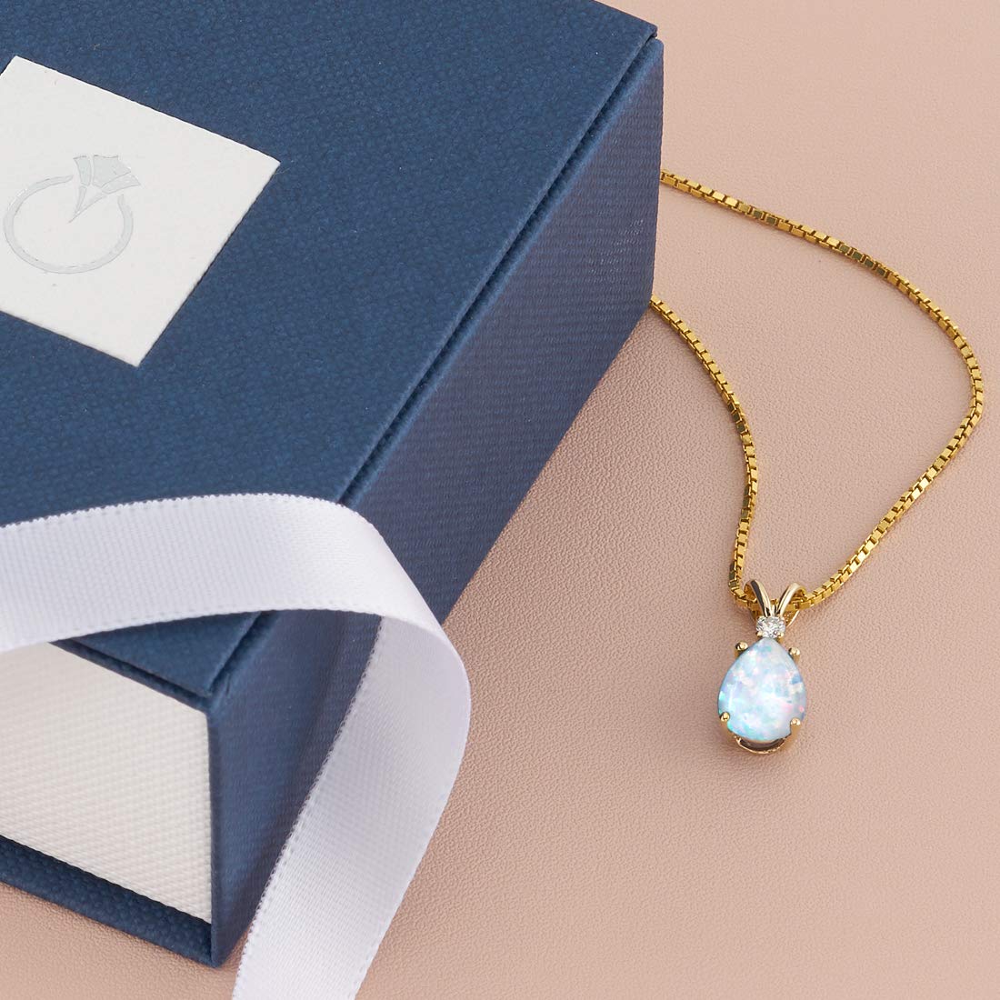 PEORA 14K Yellow Gold Created White Opal with Genuine Diamond Pendant for Women, Elegant Teardrop Solitaire, 1 Carat Pear Shape, 10x7mm
