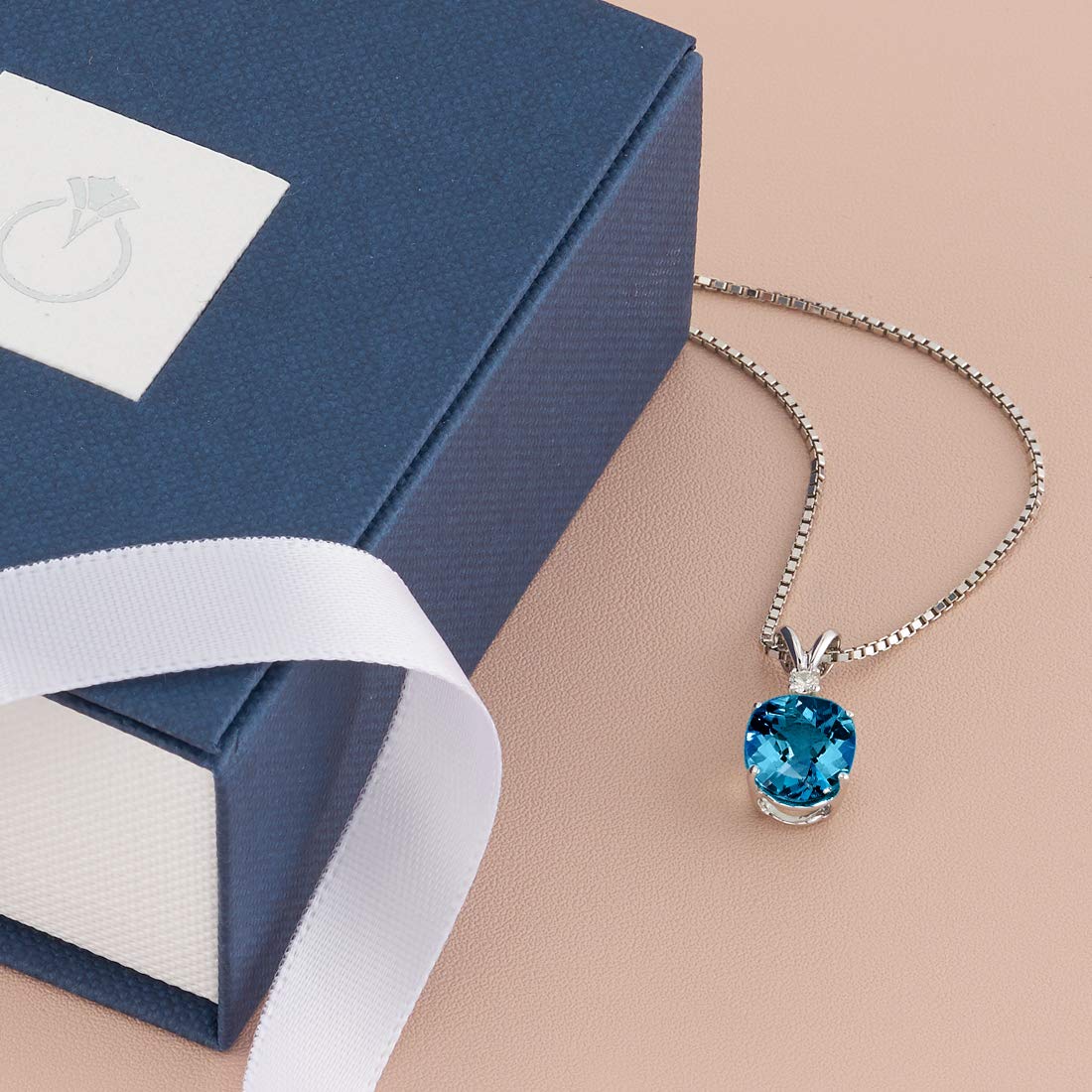 PEORA London Blue Topaz with Diamond Solitaire Pendant for Women 14K White Gold, Genuine Gemstone Birthstone, 3 Carats Oval Shape 10x8mm