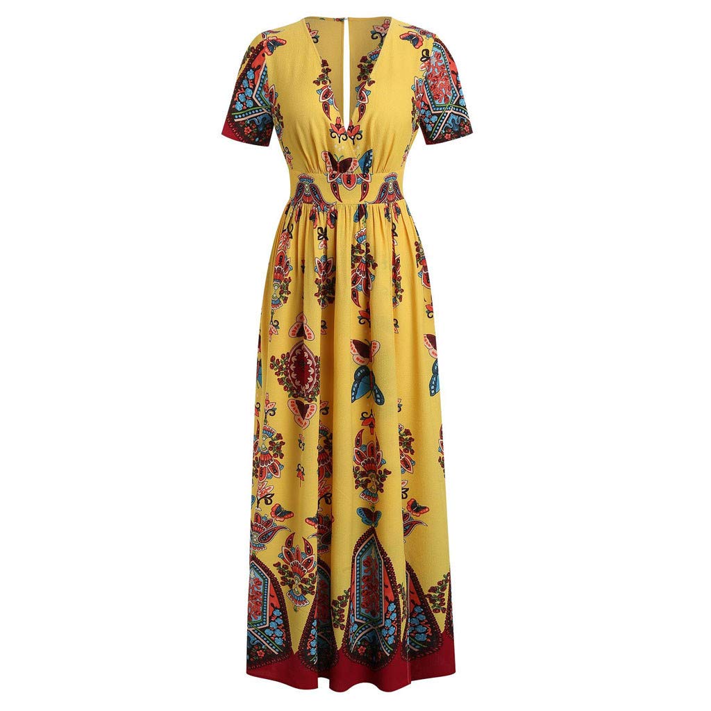 Women Plus Size Long Dress Deep V-Neck Short Sleeve Butterfly Printing Maxi High Waisted Pleated Split Dress