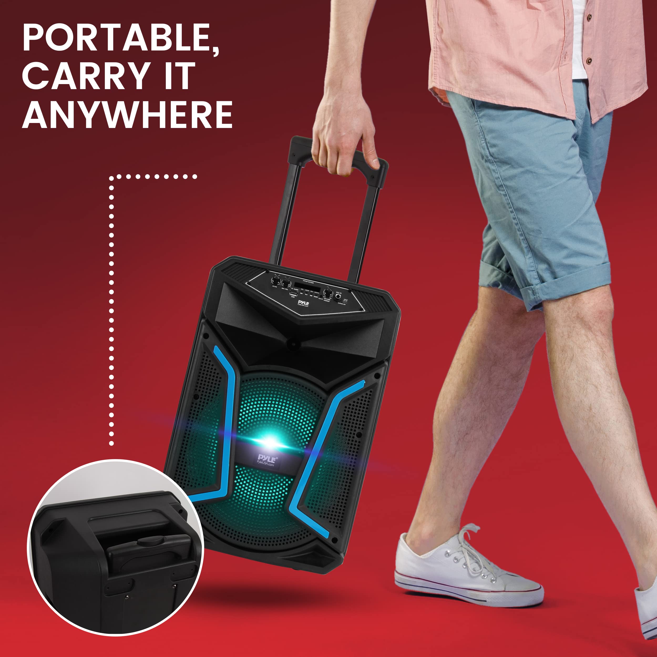 Pyle Portable Bluetooth PA Speaker System - 800W Outdoor Bluetooth Speaker Portable PA System w/ Microphone In, Party Lights, MP3/USB, FM Radio, Rolling Wheels - Mic, Remote - Pyle PPHP122SM,Black