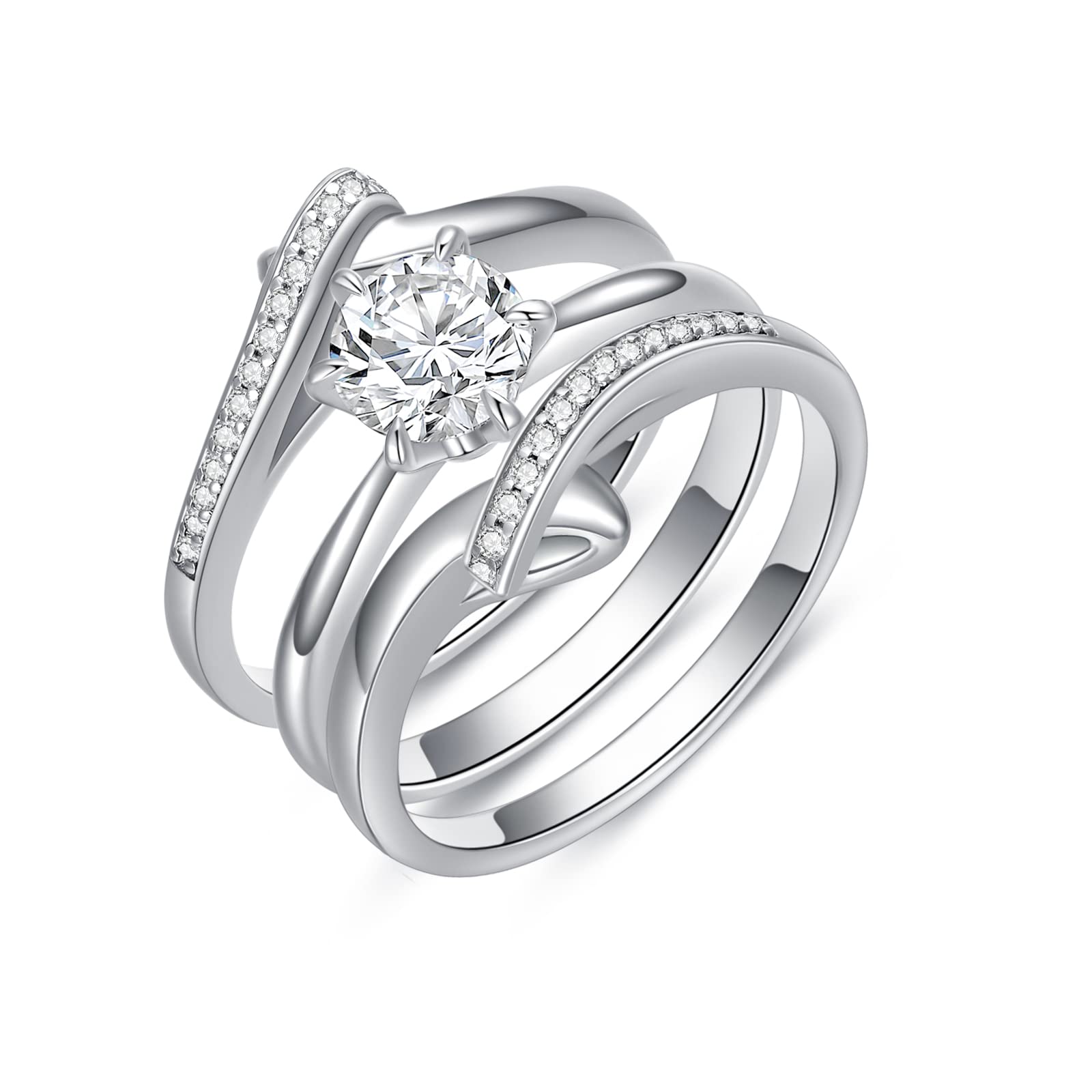 Wedding Ring Set for Women Bridal Ring Set 1 Carat Center Moissanite Engagement Ring Set Platinum Plated Silver 3 Piece Wedding Ring Sets for Her size7