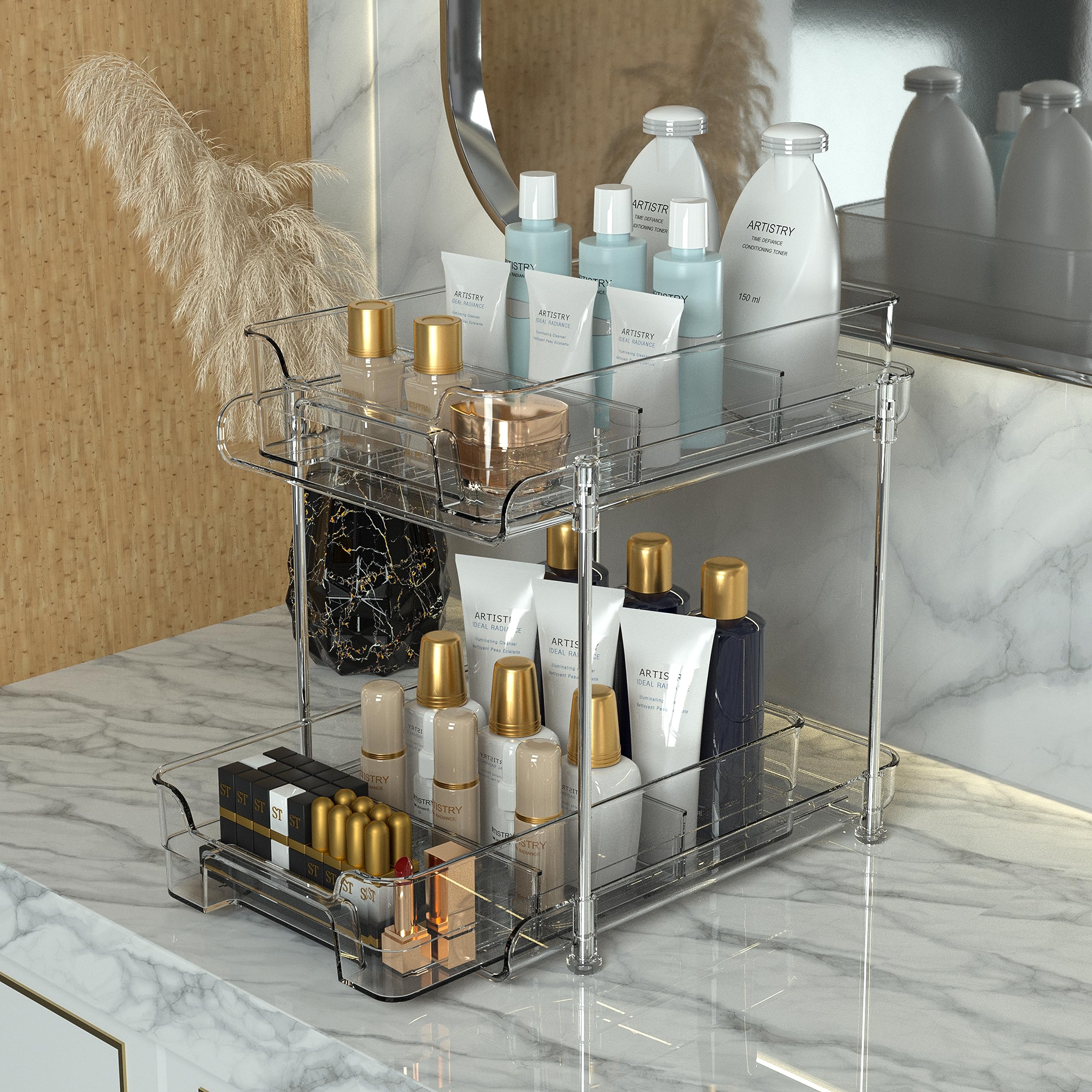 RIGEDNEF 2 Tier Clear Bathroom Organizer with Dividers, Under Sink Organizer and Storage, Slide-Out Medicine Cabinet organizer, Kitchen Pantry Storage, Bathroom Vanity Counter Organizer, 2 Pack