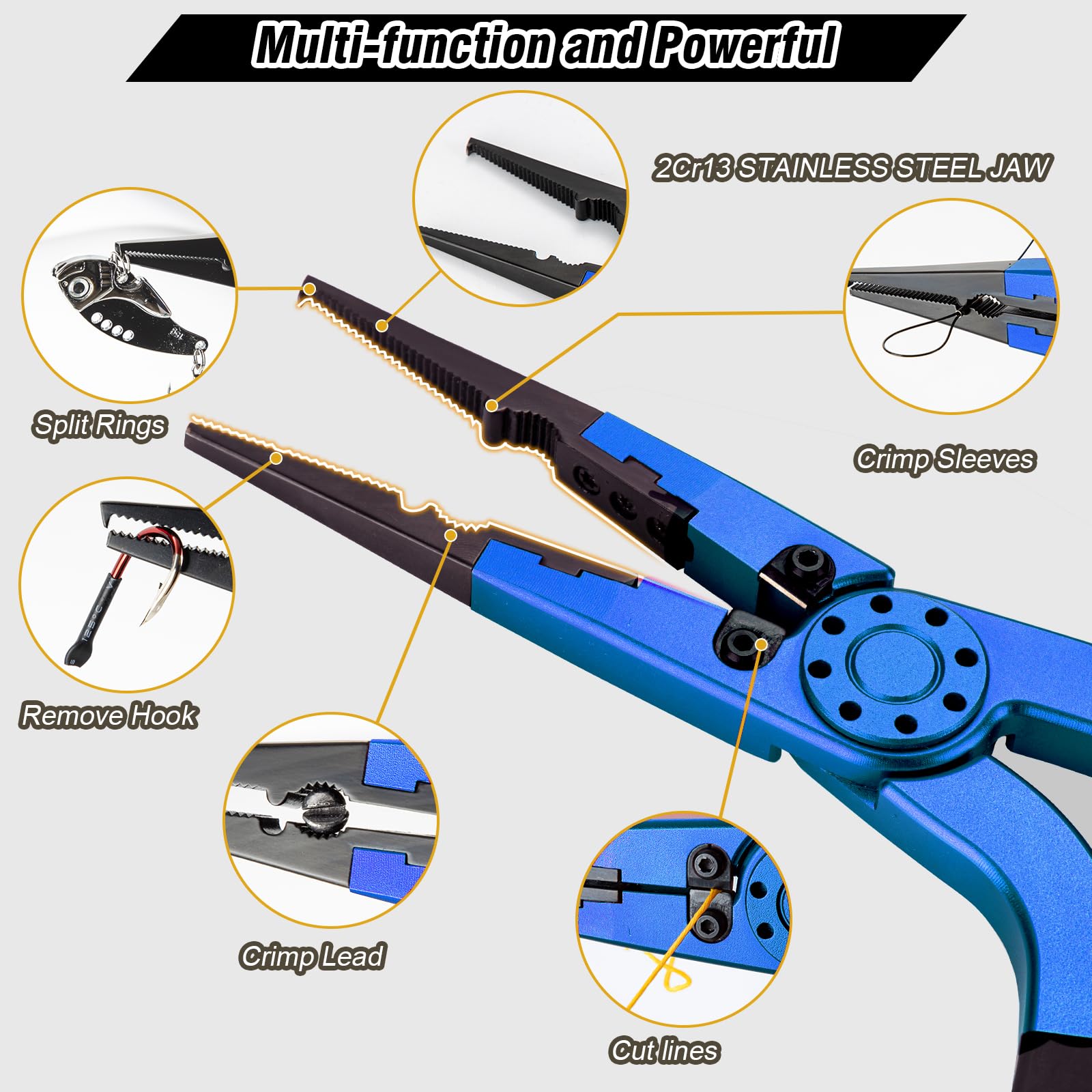 Night Cat 9'' Fishing Pliers with Sheath and Lanyard, Long Nose Jaws Braid line Cutters, Saltwater Crimper,Split Ring Openers,Hook Removers, Fishing Tools Gears Rustproof