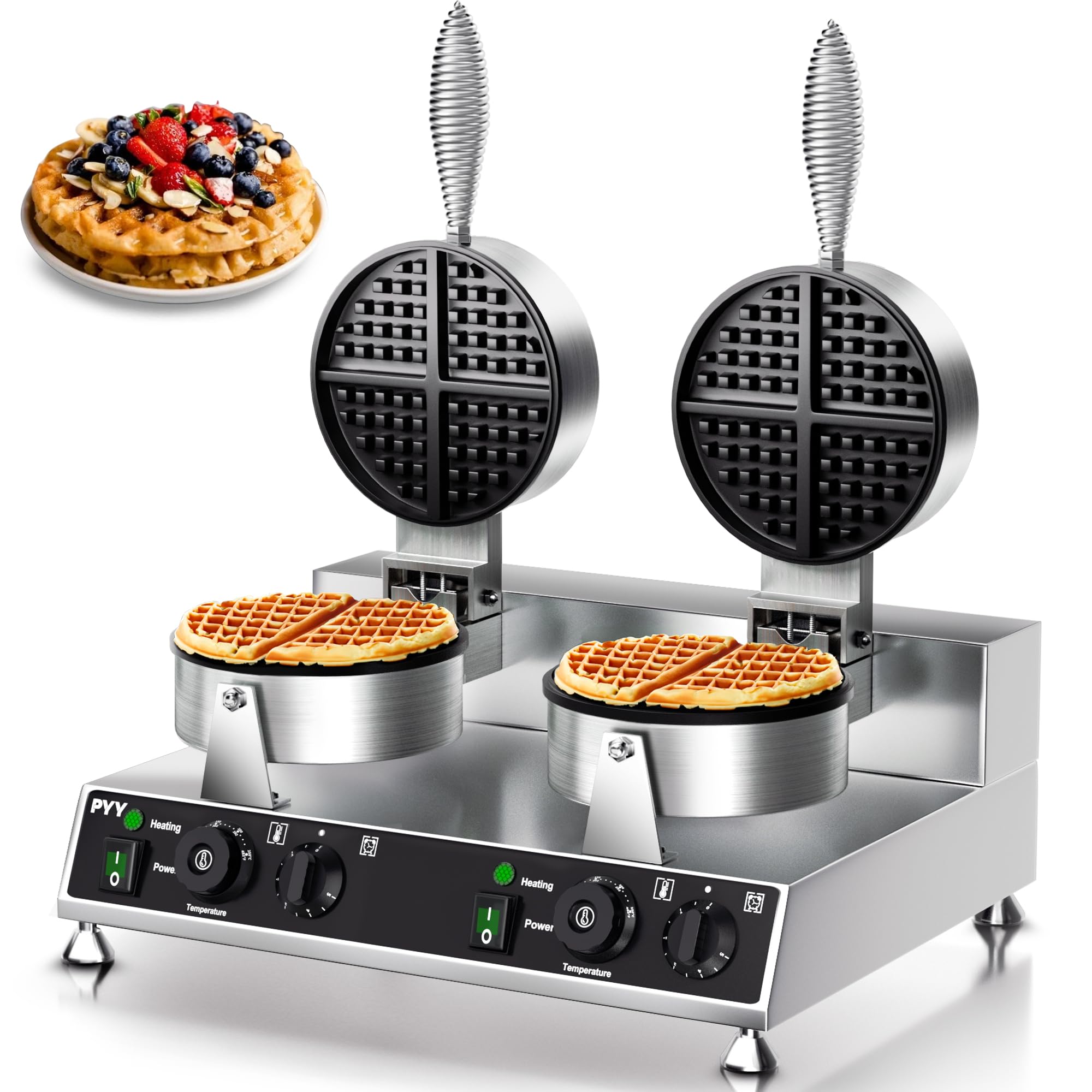 PYY Commercial Waffle Maker Double Waffle Maker Large Stainless Steel Waffle Maker Silver Non-stick Electric Chaffle Maker for Restaurant Party Food Stall (PYYHFLSZ-2SRUS01)