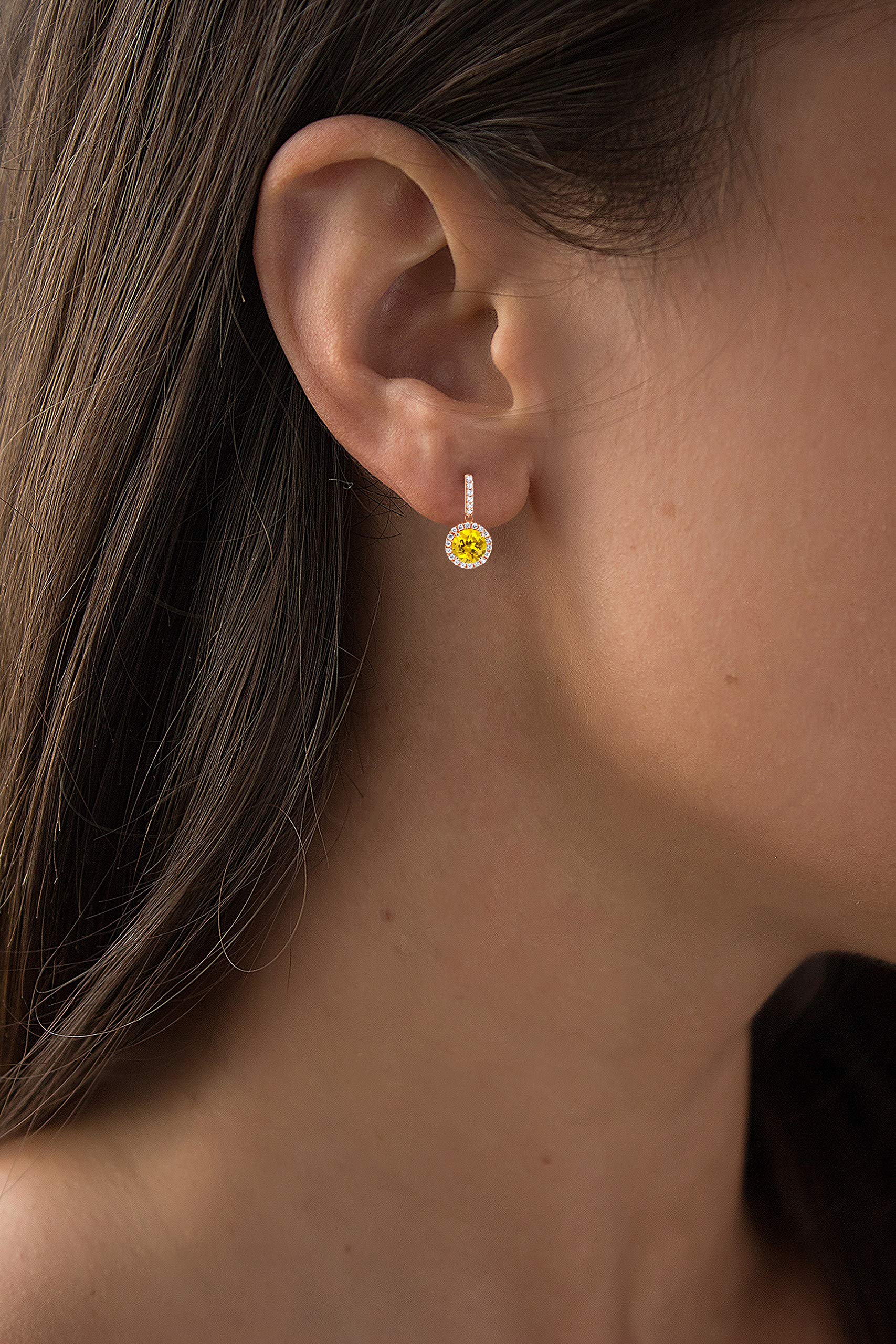 Solid 14K White Gold Dangling 6mm Created Yellow Sapphire Birthstone Dangling Stud Earrings For Women & 1mm Created White Sapphire Halo Dangle Earrings For Women