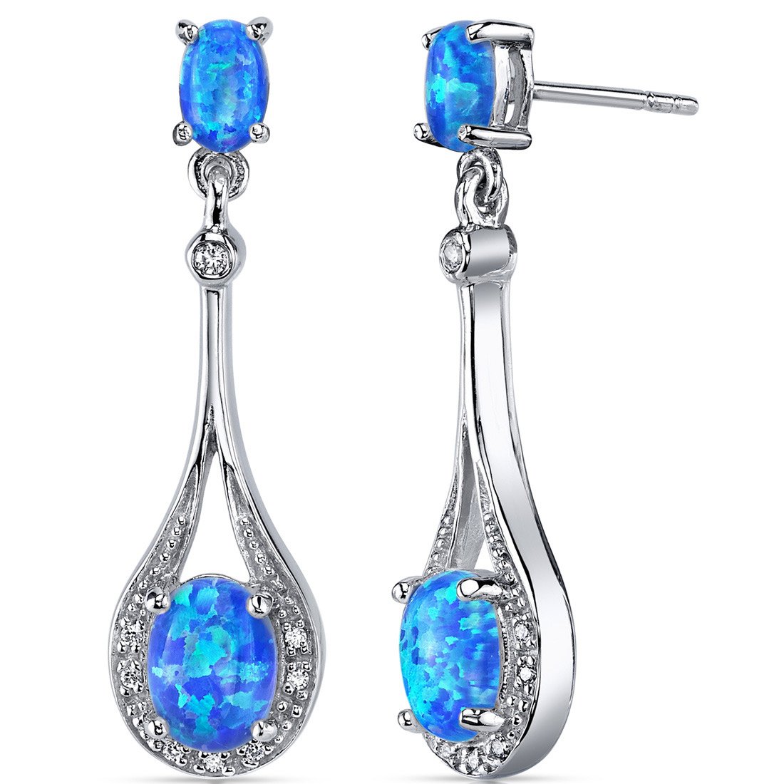 Peora Created Blue Fire Opal Dangle Earrings for Women Sterling Silver, Halo Drop Oval Shape, 3.50 Carats total, Hypoallergenic, Friction Backs