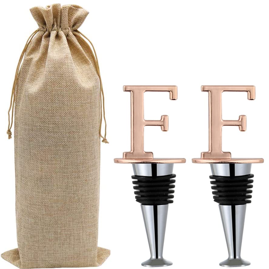 Wine and Beverage Bottle Stopper Christmas Initial letter Wine Stoppers Christmas Decorative Creative Kitchen Bar Wedding Birthday Party Favor Wine Lover Gift (Rose Gold-F)